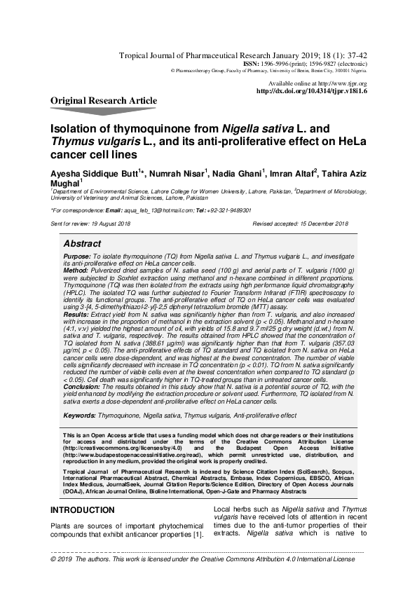 (PDF) Isolation of thymoquinone from Nigella sativa L. and Thymus ...