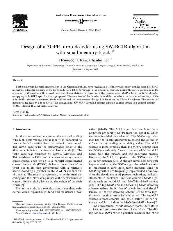 Pdf Design Of A 3gpp Turbo Decoder Using Sw Bcjr Algorithm With Small 0100