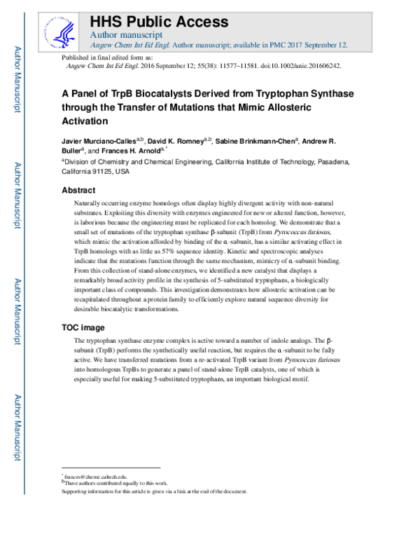 (PDF) A Panel of TrpB Biocatalysts Derived from Tryptophan Synthase ...