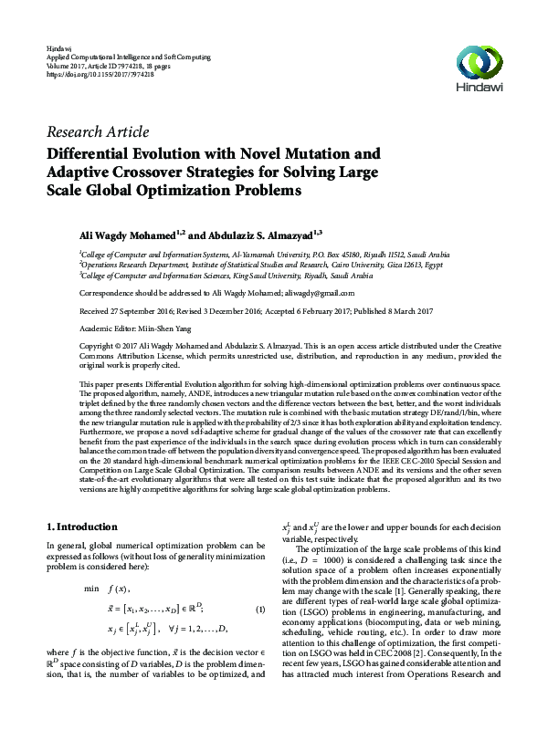Pdf Differential Evolution With Novel Mutation And Adaptive Crossover