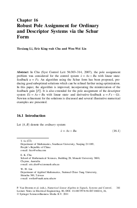 (PDF) Robust Pole Assignment for Ordinary and Descriptor Systems via the Schur Form | Eric Chu ...