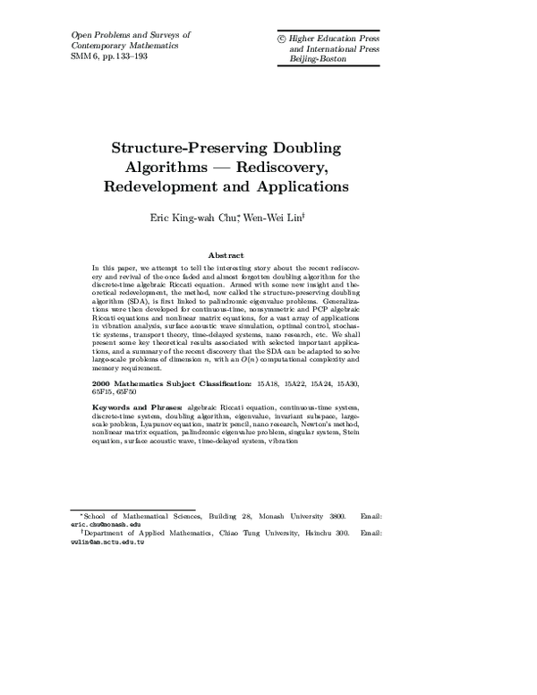 (PDF) Structure-Preserving Doubling Algorithms — Rediscovery, Redevelopment and Applications