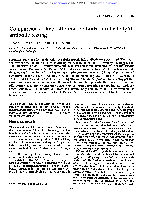 (PDF) Comparison of five different methods of rubella IgM antibody testing