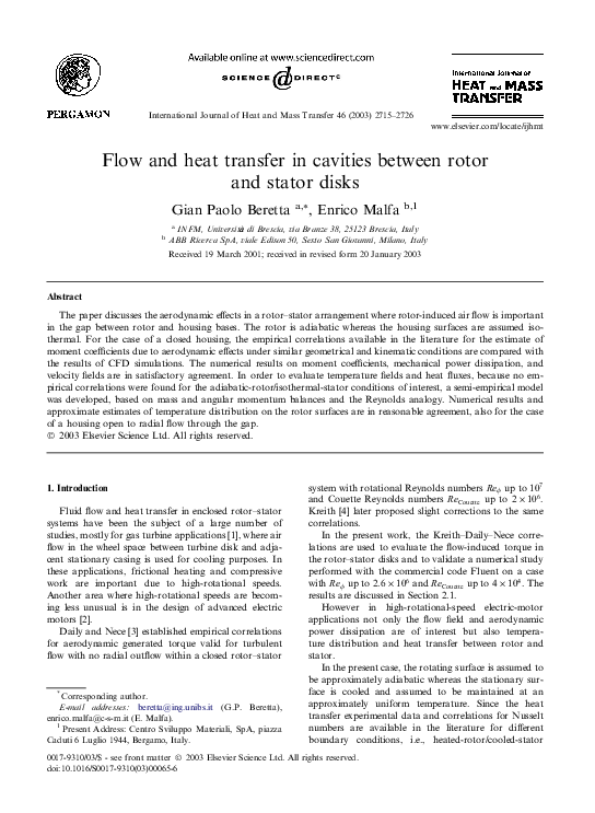 (PDF) Flow and heat transfer in cavities between rotor and stator disks | Enrico Malfa ...
