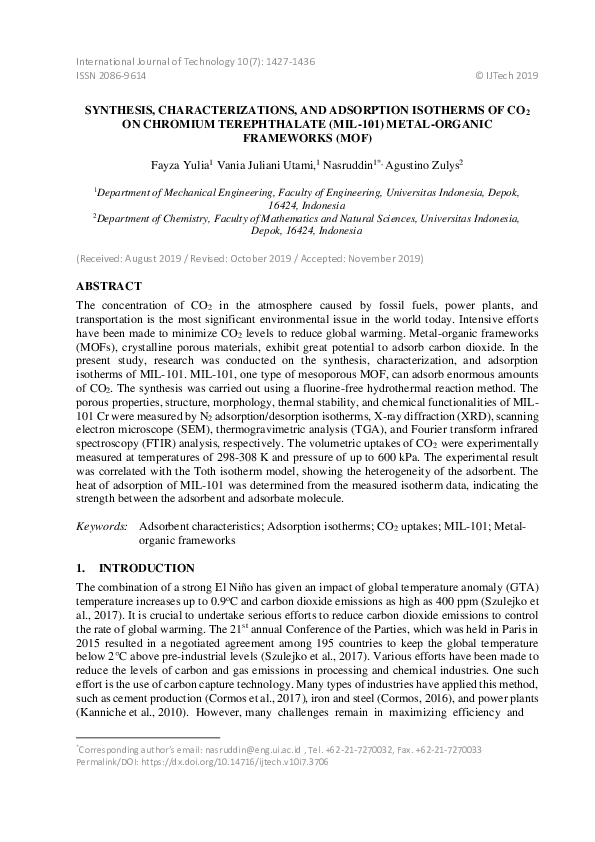 (PDF) Synthesis, Characterizations, and Adsorption Isotherms of CO2 on ...