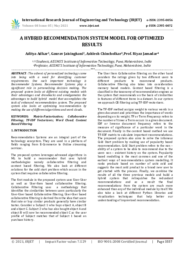 (PDF) IRJET- A HYBRID RECOMMENDATION SYSTEM MODEL FOR OPTIMIZED RESULTS