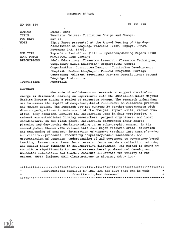 (PDF) Teachers' Voices: Curriculum Design and Change