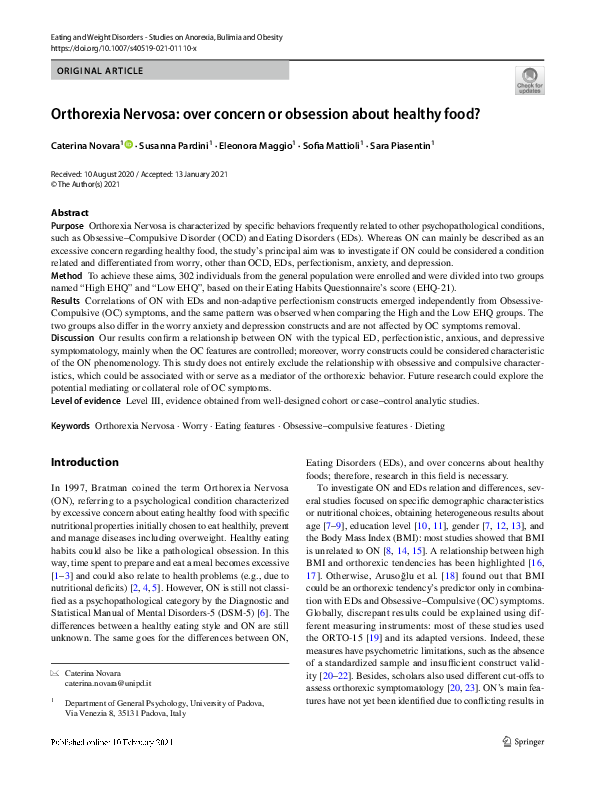 (PDF) Orthorexia Nervosa: over concern or obsession about healthy food?
