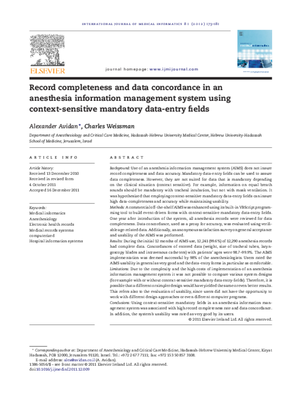 (PDF) Record completeness and data concordance in an anesthesia ...