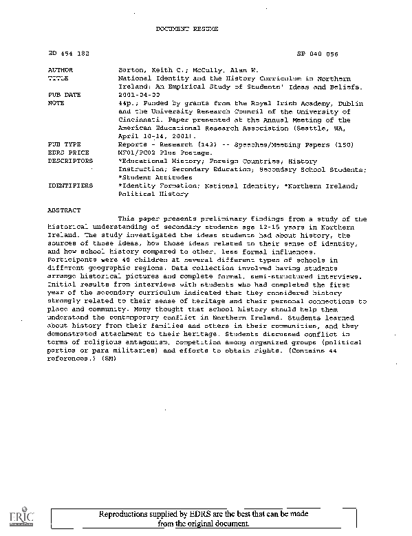 (PDF) National Identity and the History Curriculum in Northern Ireland ...