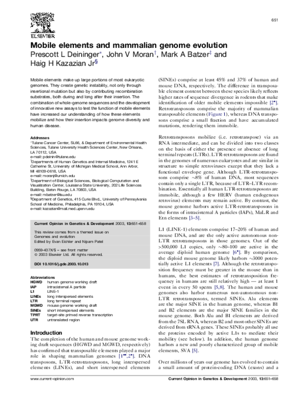 (PDF) Mobile elements and mammalian genome evolution