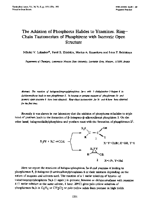 (PDF) The addition of phosphorus halides to ynamines. Ring-chain ...