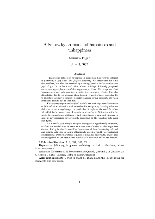 (PDF) A Scitovskyian model of happiness and unhappiness