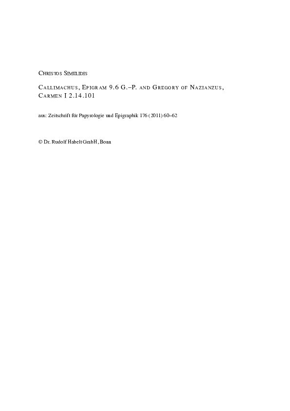 (PDF) ‘Callimachus, Epigram 9.6 G.–P. and Gregory of Nazianzus, Carmen ...