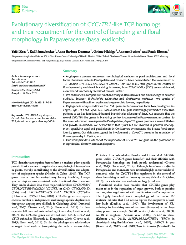 (PDF) Evolutionary diversification of CYC/TB1-like TCP homologs and ...