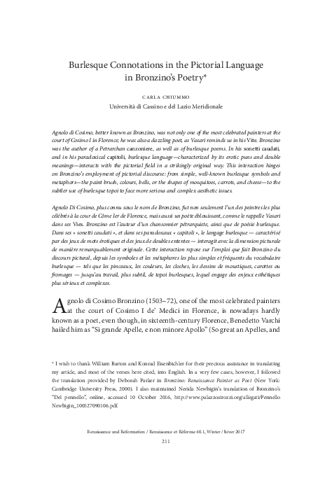 (PDF) Burlesque Connotations in the Pictorial Language in Bronzino’s Poetry