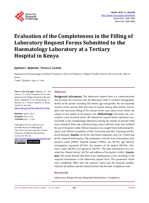 PDF Evaluation Of The Completeness In The Filling Of Laboratory Request Forms Submitted To The pdf-evaluation-of-the-completeness-in-the-filling-of-laboratory-request-forms-submitted-to-the