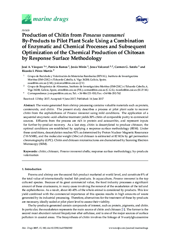 (PDF) Production of Chitin from Penaeus vannamei By-Products to Pilot Plant Scale Using a ...