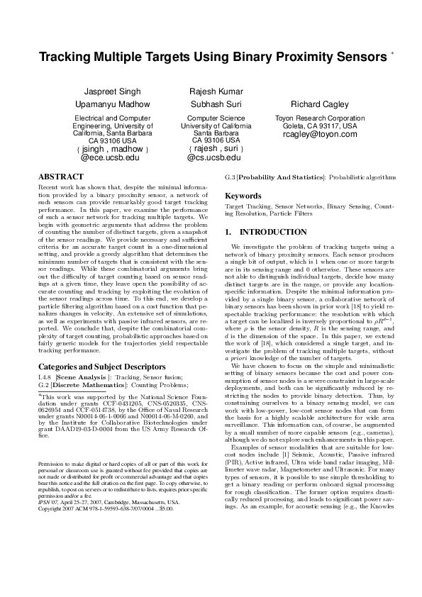 Pdf Tracking Multiple Targets Using Binary Proximity Sensors Rajesh Kumar