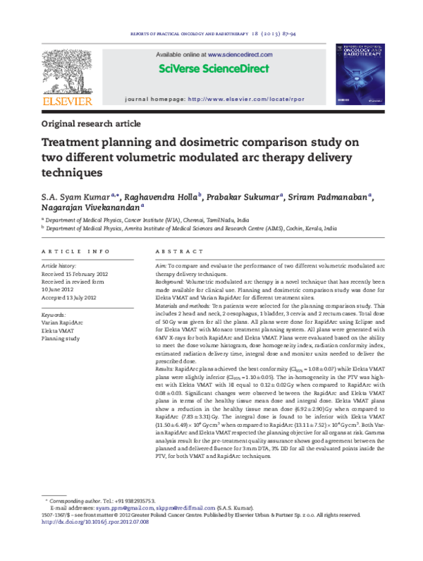 (PDF) Treatment planning and dosimetric comparison study on two different volumetric modulated ...