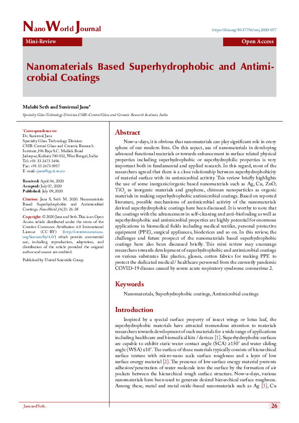 (PDF) Nanomaterials Based Superhydrophobic and Antimicrobial Coatings