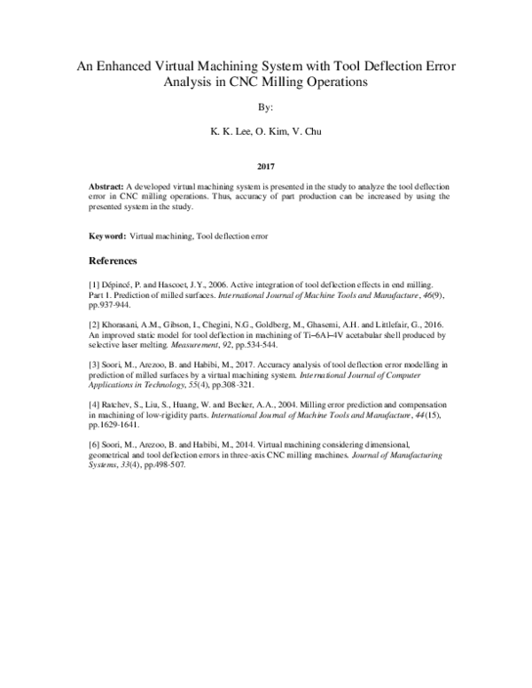 Pdf An Enhanced Virtual Machining System With Tool Deflection Error Analysis In Cnc Milling