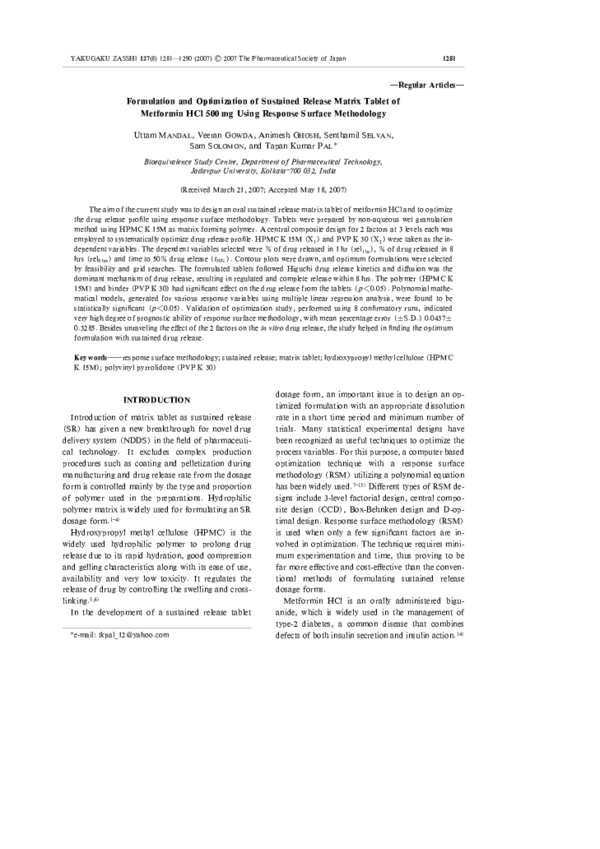 Pdf Formulation And Optimization Of Sustained Release Matrix Tablet Of Metformin Hcl 500 Mg