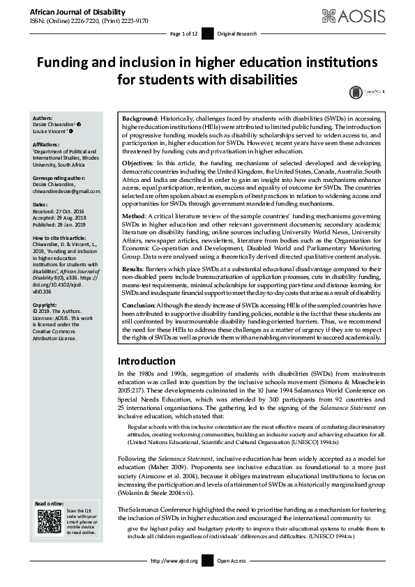 (PDF) Funding and inclusion in higher education institutions for ...