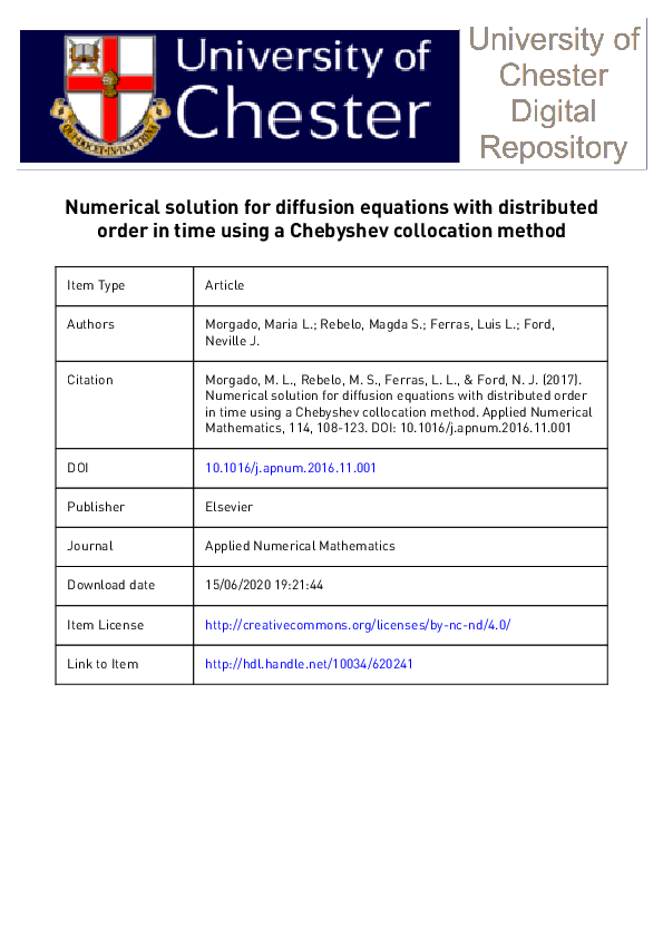 Pdf Numerical Solution For Diffusion Equations With Distributed Order In Time Using A