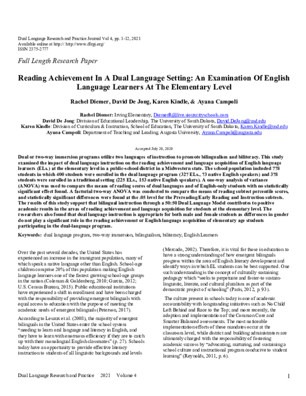 (PDF) Reading Achievement In A Dual Language Setting: An Examination Of ...