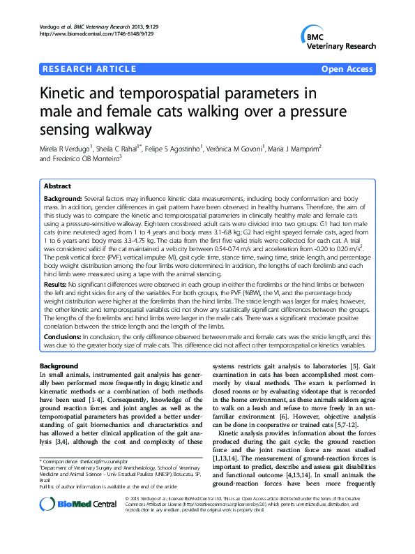 (PDF) Kinetic Analysis of Gait in Male and Female Cats