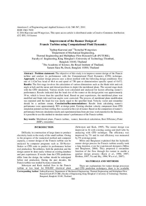 (PDF) Improvement of the Runner Design of Francis Turbine using ...