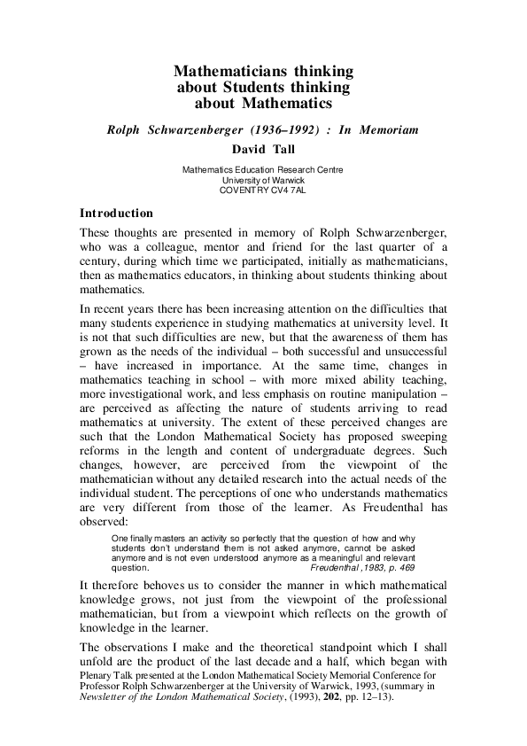(PDF) Mathematicians thinking about Students thinking about Mathematics
