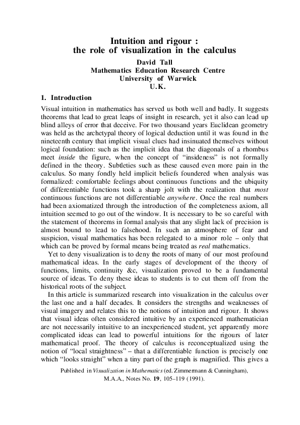 (PDF) Intuition and rigour: the role of visualization in the calculus
