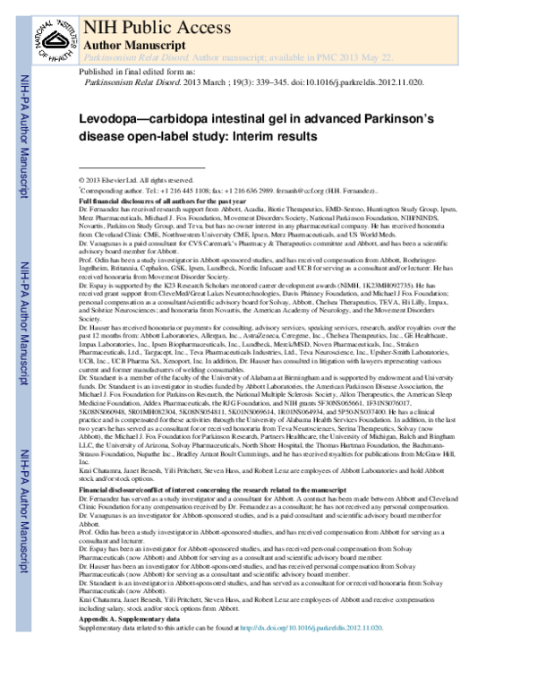(PDF) Levodopa–carbidopa intestinal gel in advanced Parkinson's disease ...