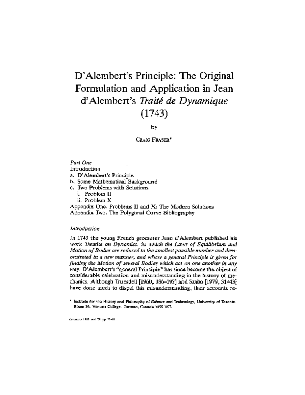 (PDF) D'Alembert's Principle: The Original Formulation and Application ...