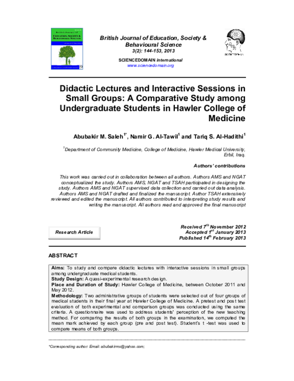 (PDF) Didactic lecture and interactive session in small group : A comparative study among ...