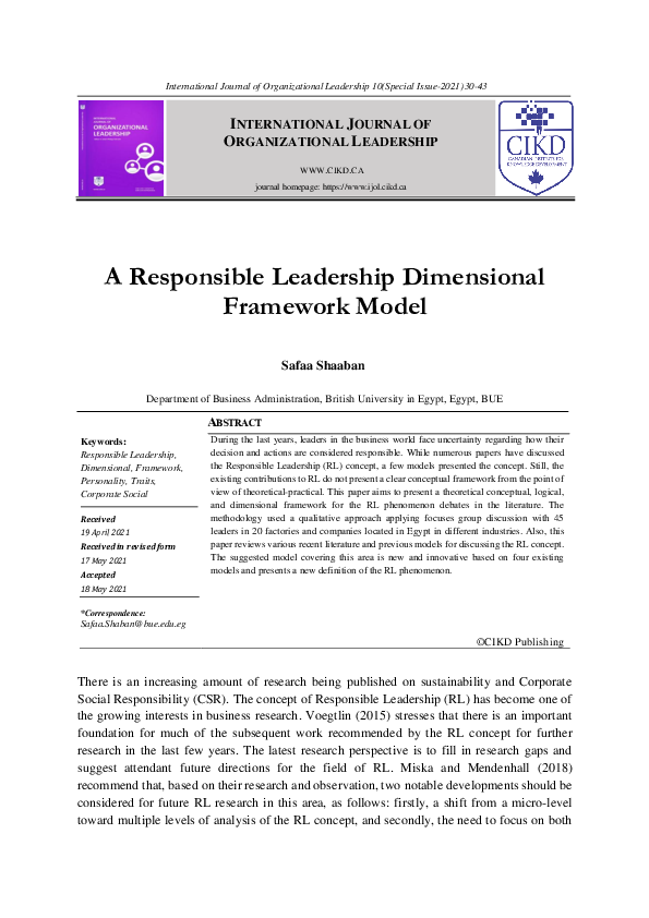 (PDF) A Responsible Leadership Dimensional Framework Model
