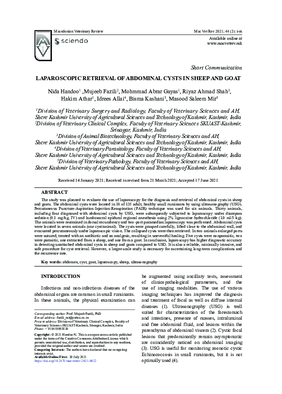 (PDF) Laparoscopic Retrieval of Abdominal Cysts in Sheep and Goat