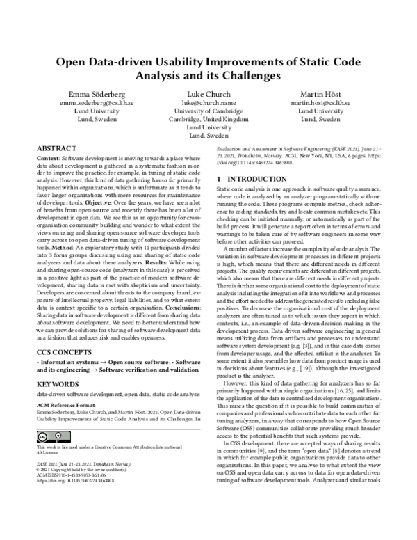(PDF) Open Data-driven Usability Improvements of Static Code Analysis and its Challenges | Luke ...