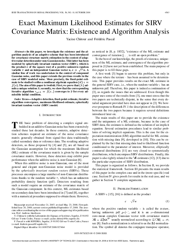 (PDF) Exact Maximum Likelihood Estimates for SIRV Covariance Matrix ... (PDF) Exact Maximum Likelihood Estimates for SIRV Covariance Matrix ...