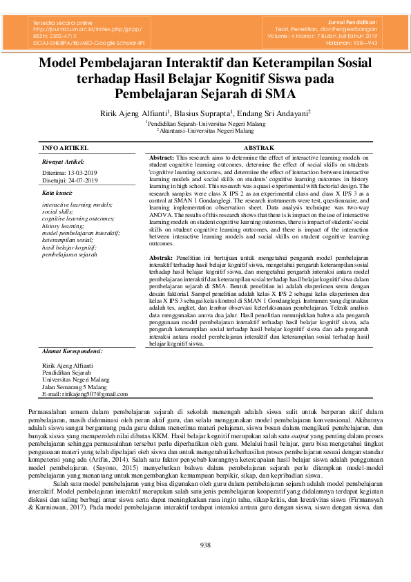 (PDF) Model Pembelajaran Interaktif dan Keterampilan Sosial terhadap ...
