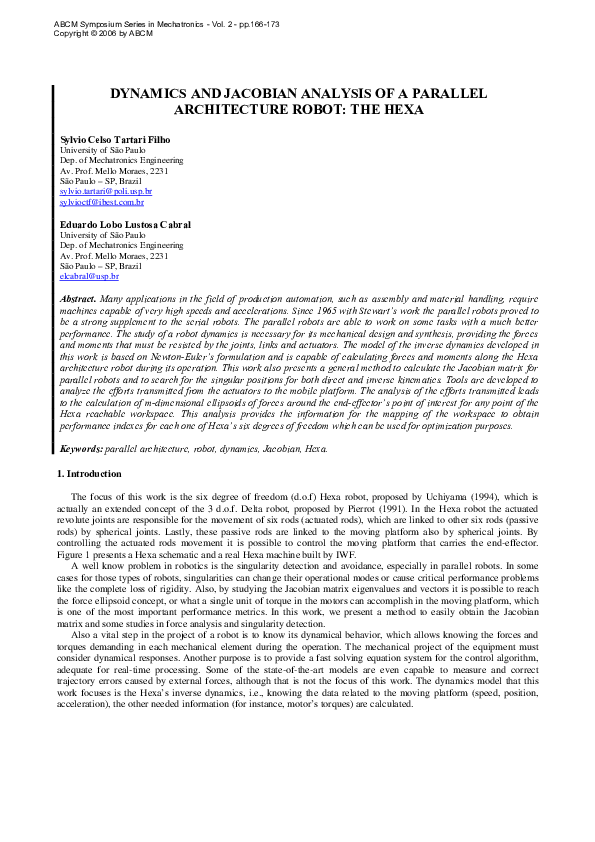 (PDF) Dynamics and Jacobian Analysis of a Parallel Architecture Robot: The Hexa