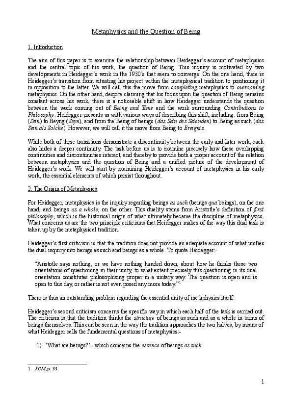 (PDF) Metaphysics and the Question of Being