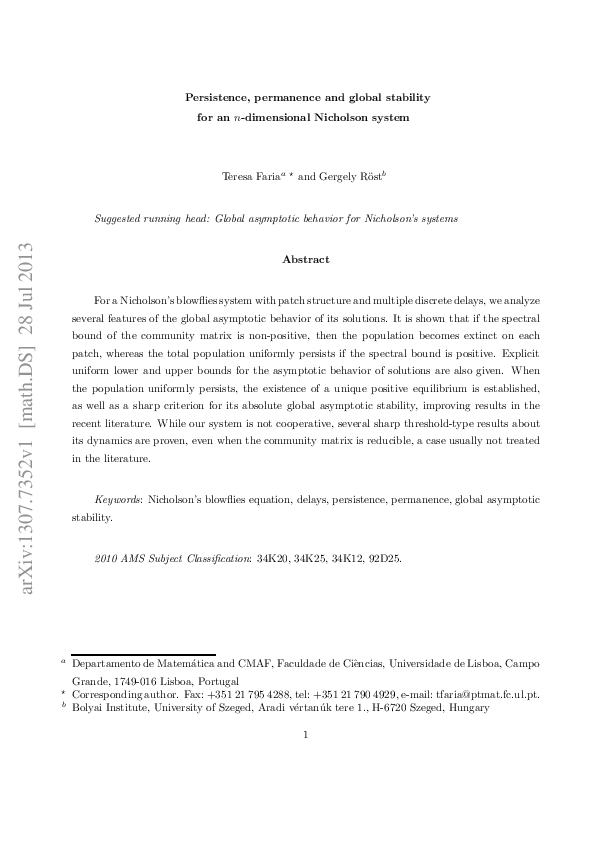 (PDF) Persistence, Permanence and Global Stability for an $$n$$ n ...