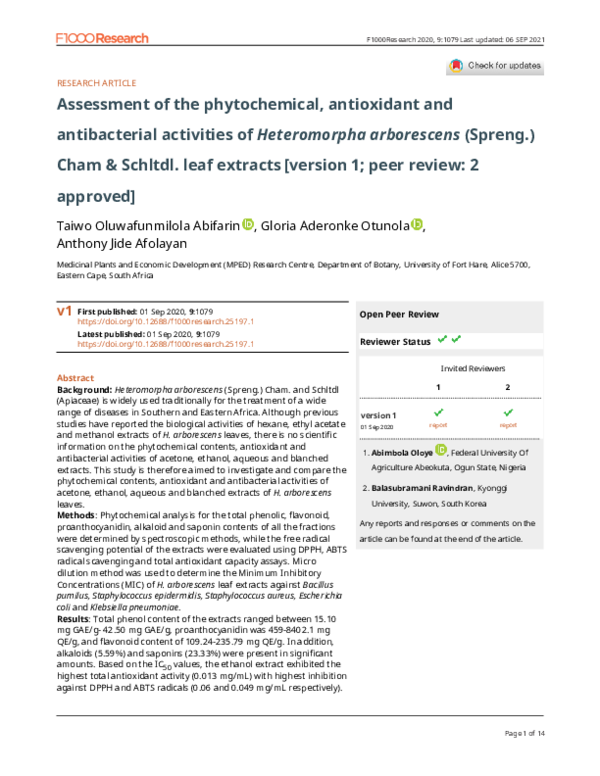 (PDF) Assessment of the phytochemical, antioxidant and antibacterial activities of Heteromorpha ...