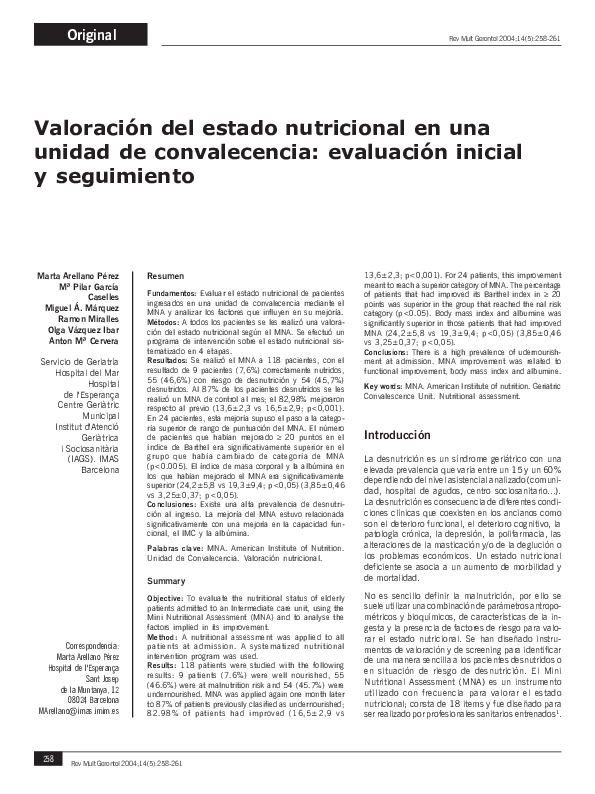 (PDF) Valoración del estado nutricional en una unidad de convalecencia: evaluación inicial y ...