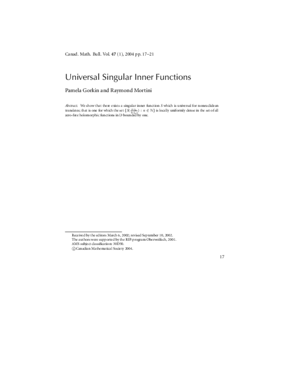 (PDF) Universal Singular Inner Functions | Pamela Gorkin - Academia.edu