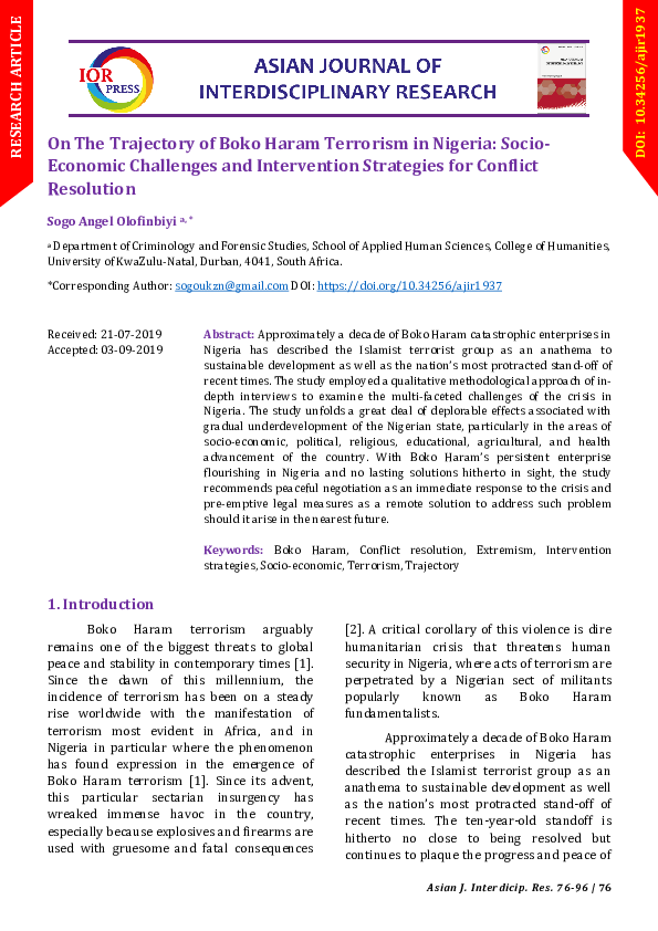 (PDF) Boko Haram in Nigeria: Challenges and Solutions