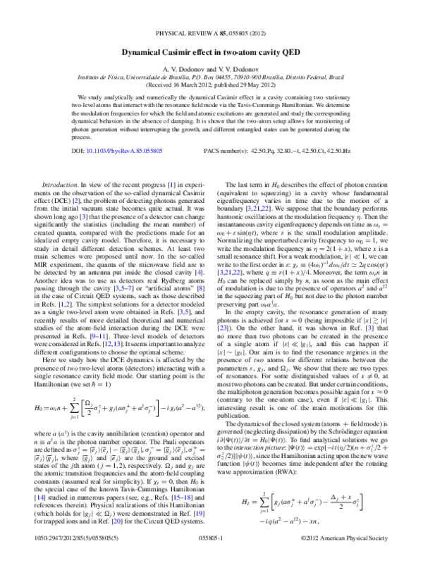 (PDF) Dynamical Casimir effect in two-atom cavity QED